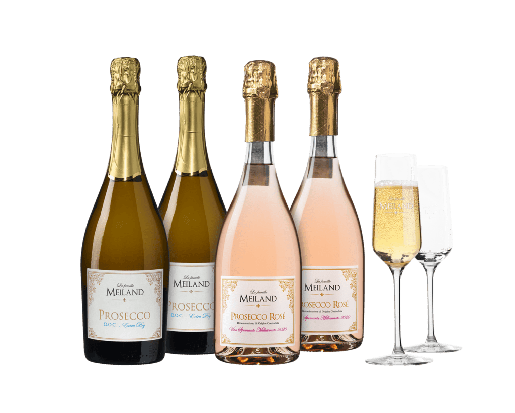 Wijnpakket Meiland Prosecco (4 flessen met Meilandflûtes) • Wijncentrale.be
